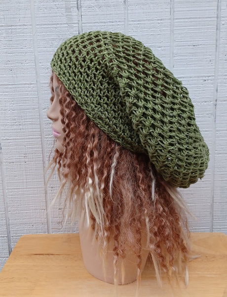Handmade slouchy green pure Hemp Dread Tam Hat Hippie Slouchy Beanie d ...