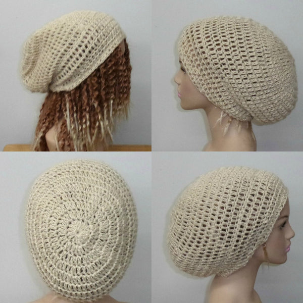 Hemp Wool natural cream slouchy beanie dreadlock hippie tam hat ...