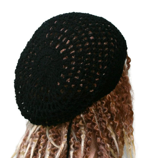 Hemp cotton beanie, black slouchy hat, very small Hippie Dread Tam, Sn ...